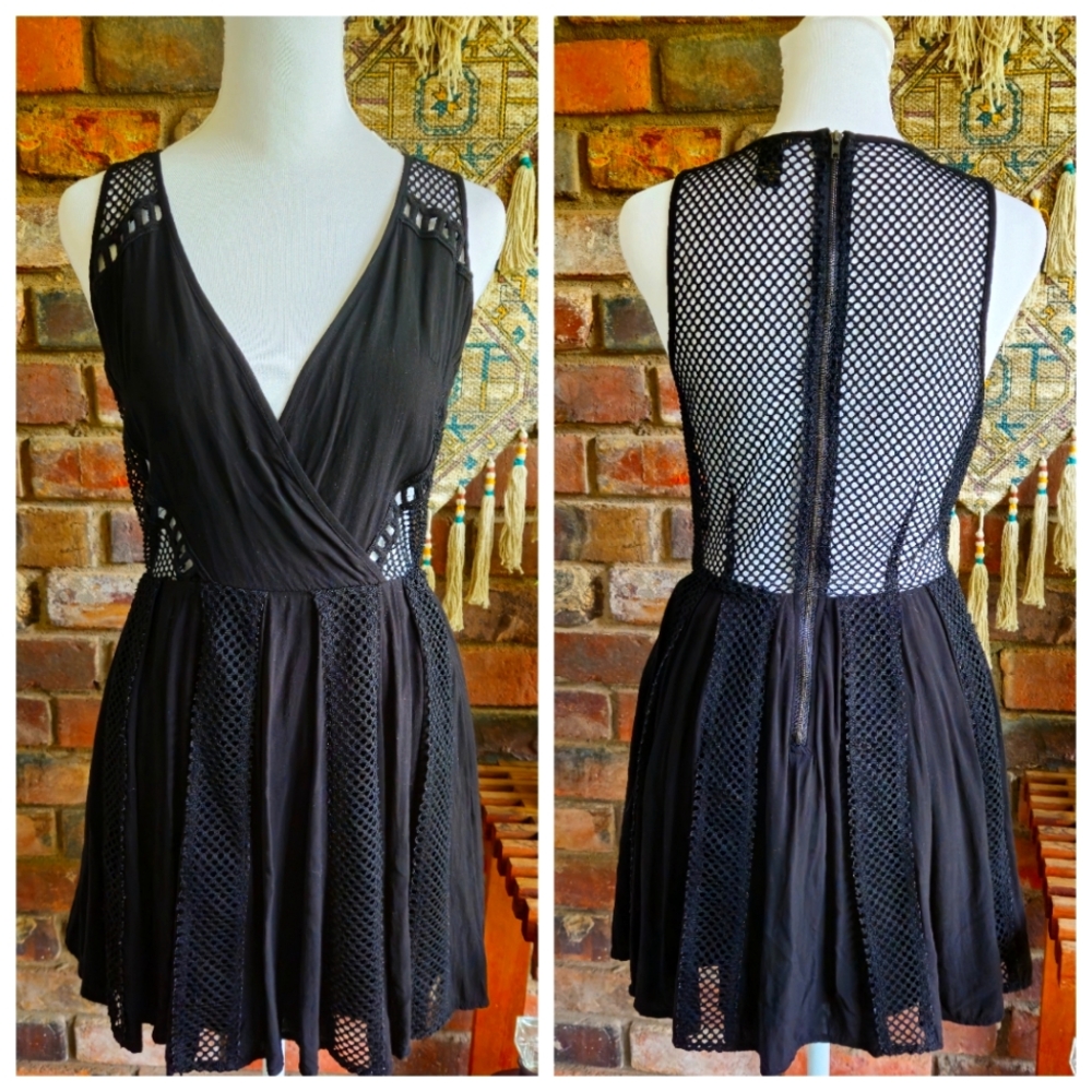 Black Skater Dress With Netting Detail - Gem